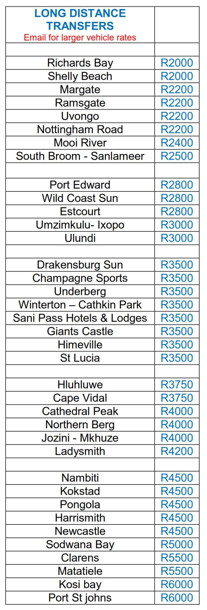 Rates - ECSS | King Shaka Airport Taxi & Umhlanga Cabs